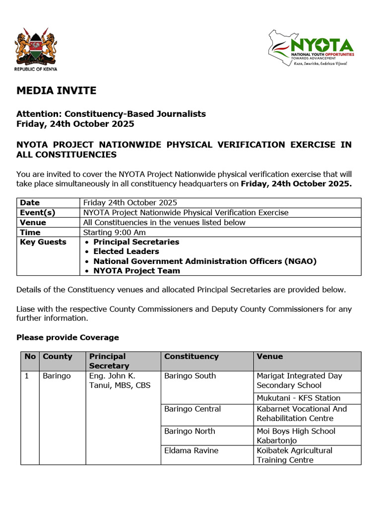 Media Invite _ NYOTA National Verification at All Constituencies Fri 24th Oct 2025 (1) | PDF | Kenya
