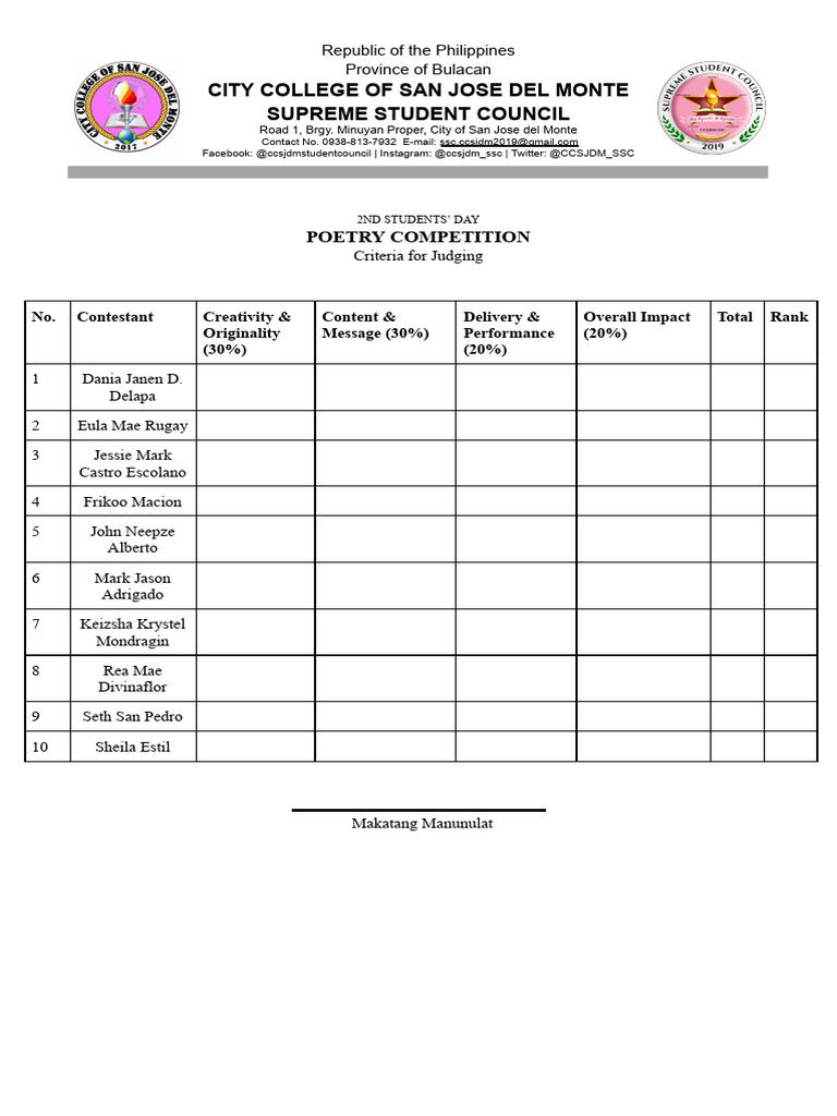 Judging Sheet For Poetry | PDF