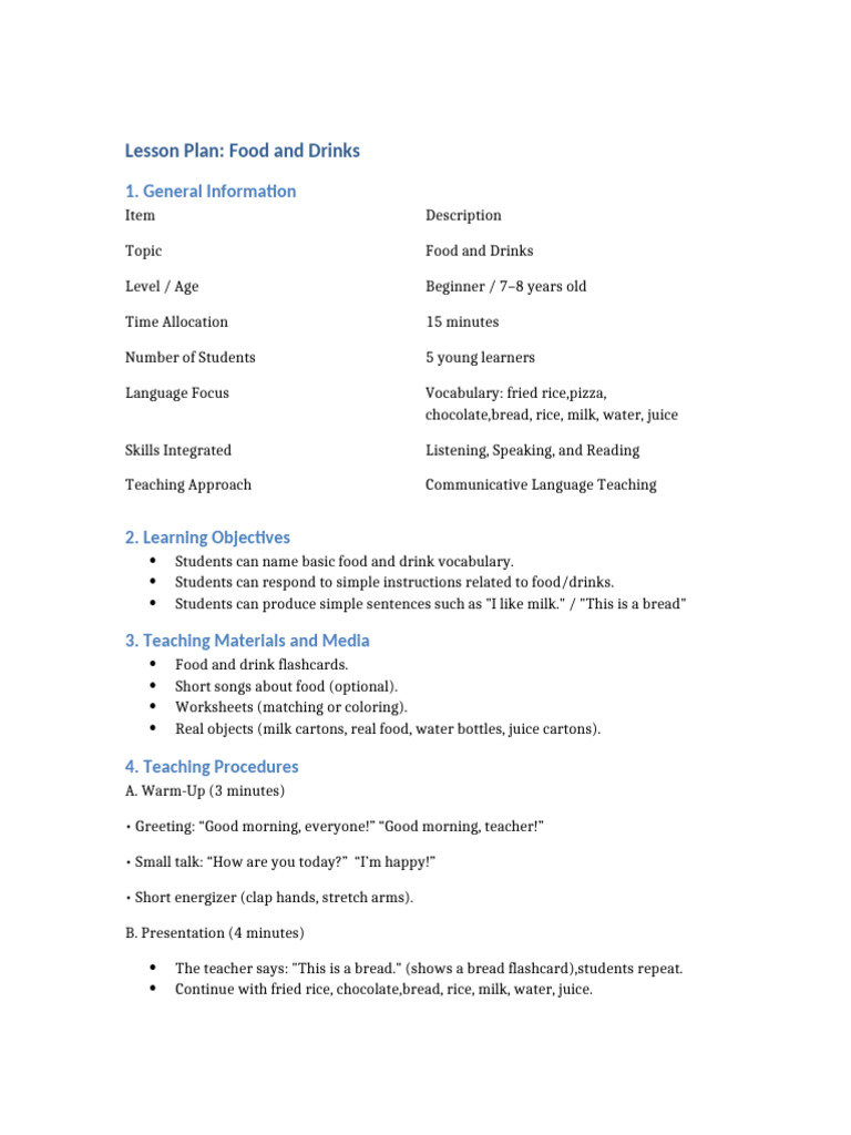 Beginner Lesson Plan: Food Vocabulary | PDF | Language Education ...