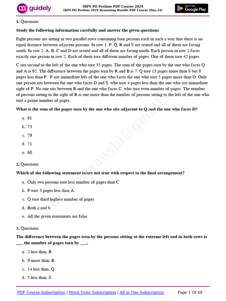 IBPS PO Prelims 2024 Reasoning Bundle PDF Course (Day-24) | PDF