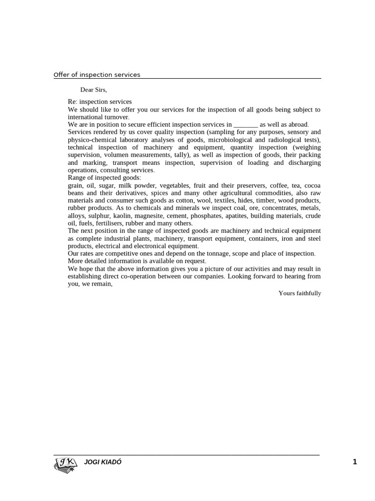 Offer of Inspection Services: Dear Sirs | PDF