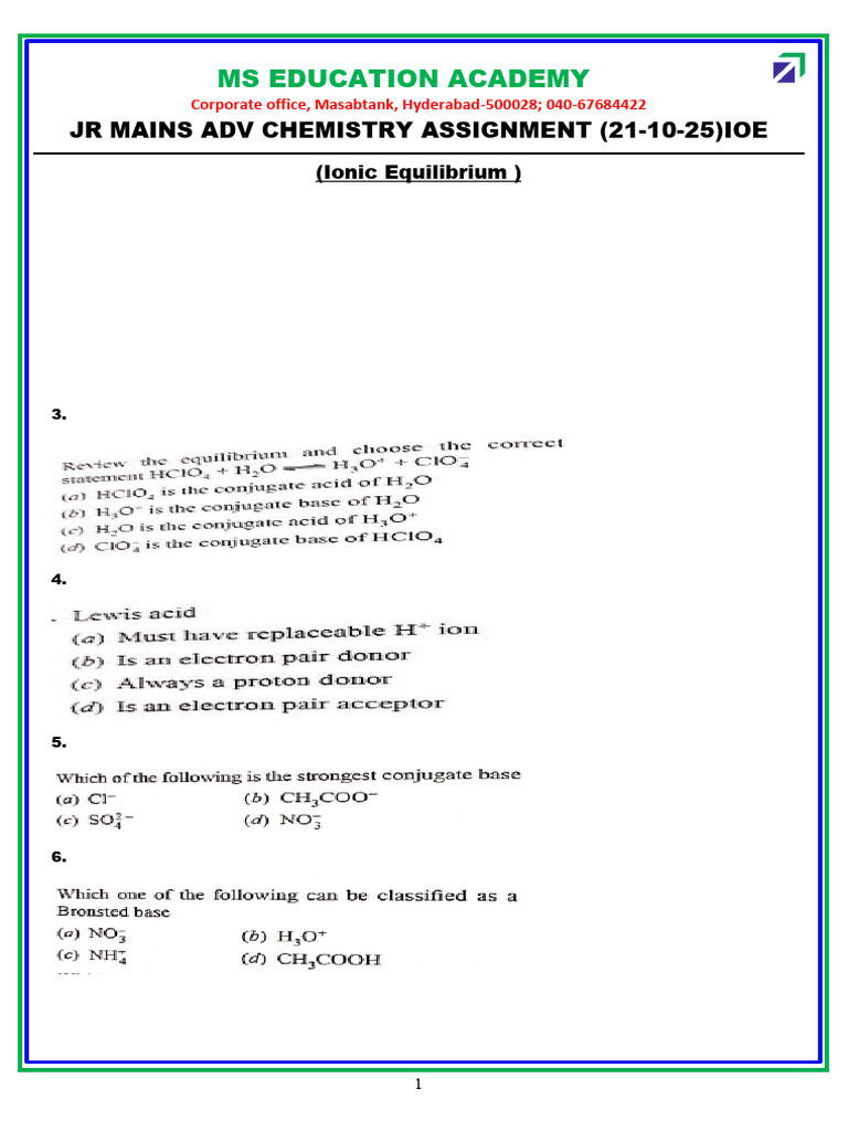Jr Mains Adv Chemistry Assignments (21!10!2025)Ioe | PDF
