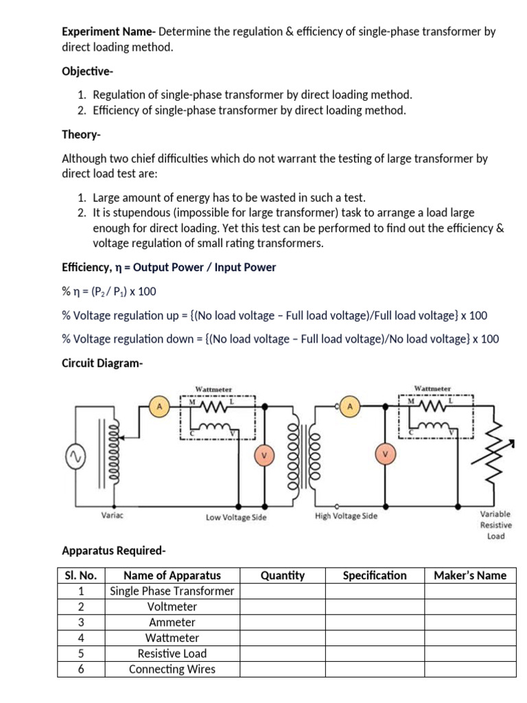 Single-Phase Transformer Efficiency Test | PDF