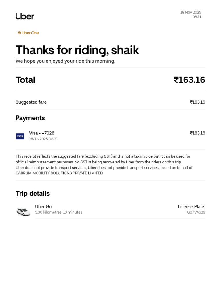 Uber Ride Receipt - Hyderabad Trip | PDF