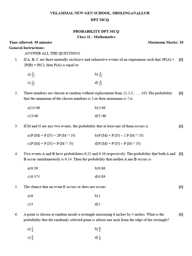 Class 11 Probability MCQ Test | PDF | Probability | Chess Openings