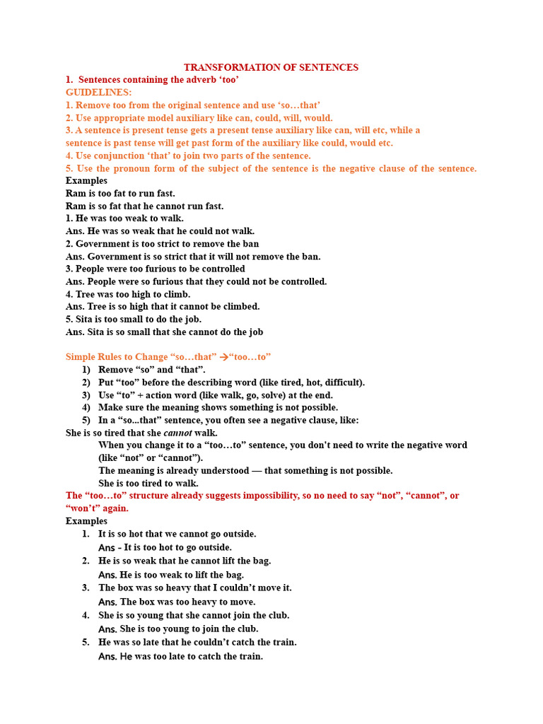 Transforming "Too" to "So...That" Sentences | PDF | Sentence ...