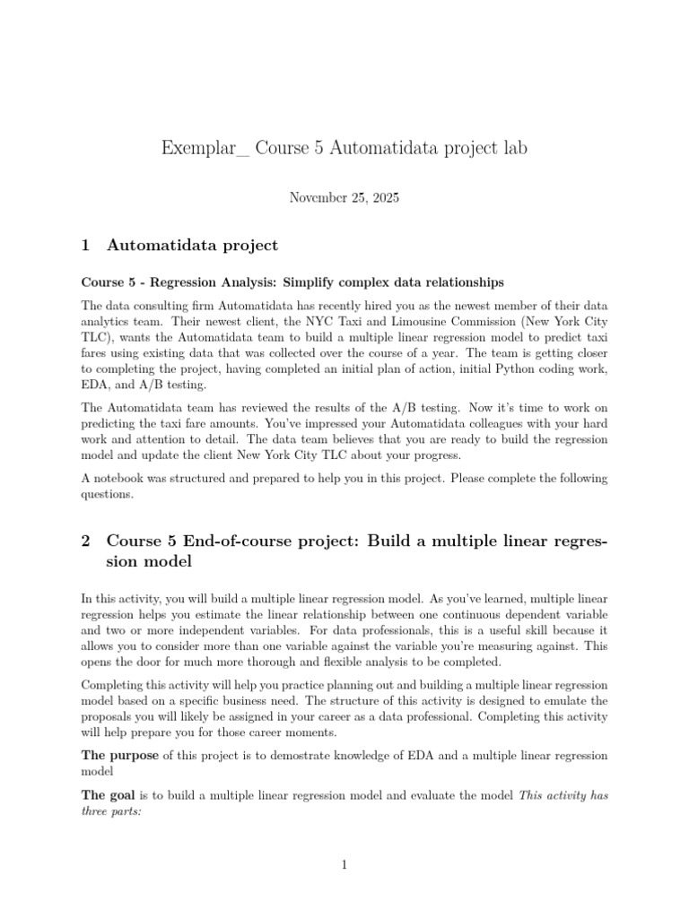 Exemplar - Course 5 Automatidata Project Lab | PDF | Regression ...