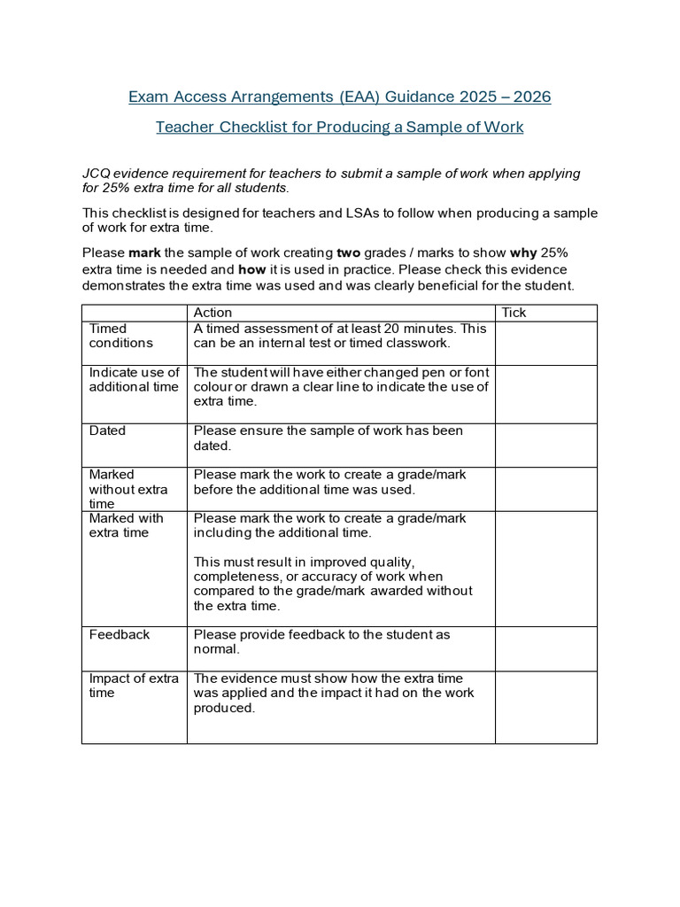 EAA Guidance: Teacher Checklist for 2025-26 | PDF