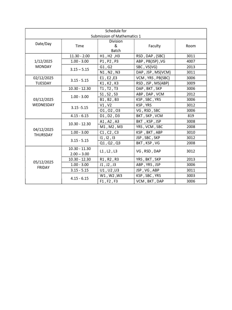 Mathematics 1 Submission Schedule 2025 | PDF
