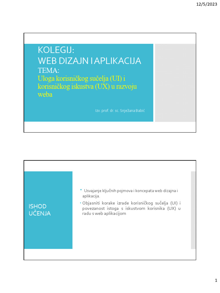 Web Dizajn i Aplikacija - Uloga UI i UX u Dizajnu Weba_23_24 | PDF