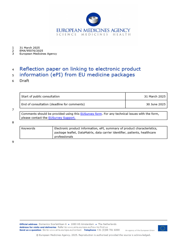 Draft Reflection Paper Linking Electronic Product Information Epi Eu Medicine Packages En | PDF ...