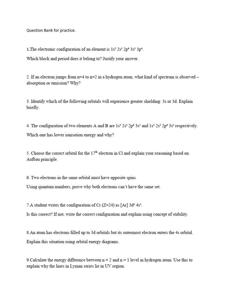 Chemistry Question Bank for Practice | PDF | Electron Configuration ...