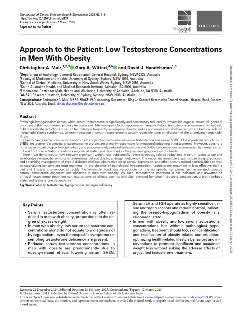 Approach To The Patient Low Testosterone Concentrations in Men With ...