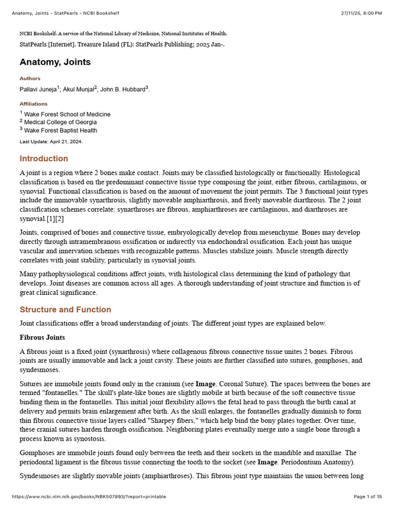 Anatomy, Joints - StatPearls - NCBI Bookshelf | PDF | Joint | Hand