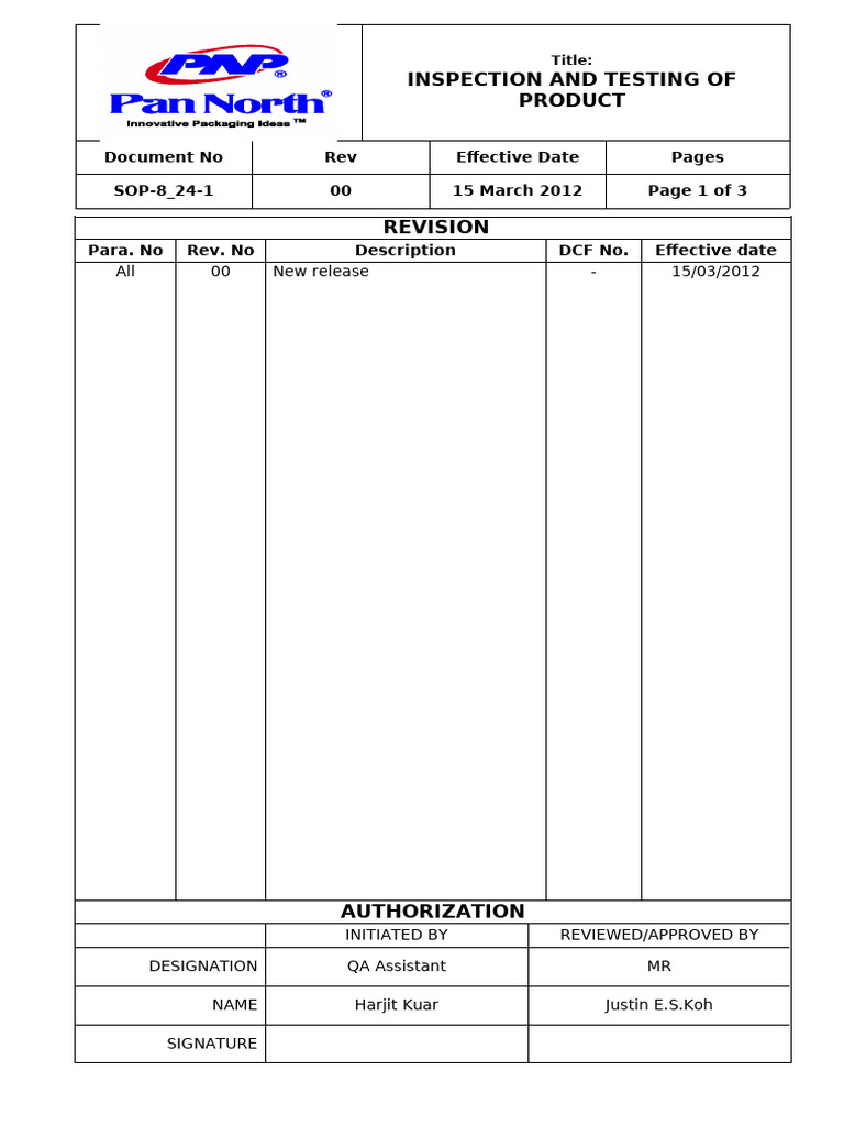 Product Inspection and Testing SOP | PDF