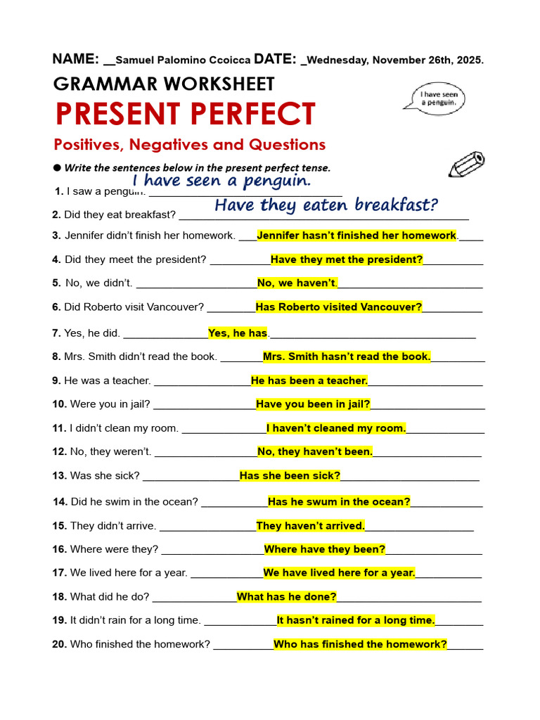 PRESENT PERFECT 2 Positives Negatives and Questions. | PDF