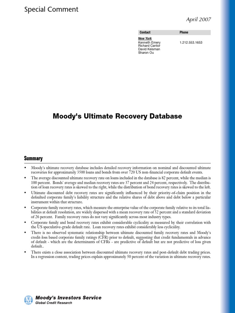 Moody's Ultimate Recovery Rates Analysis | PDF | Debt | Bonds (Finance)