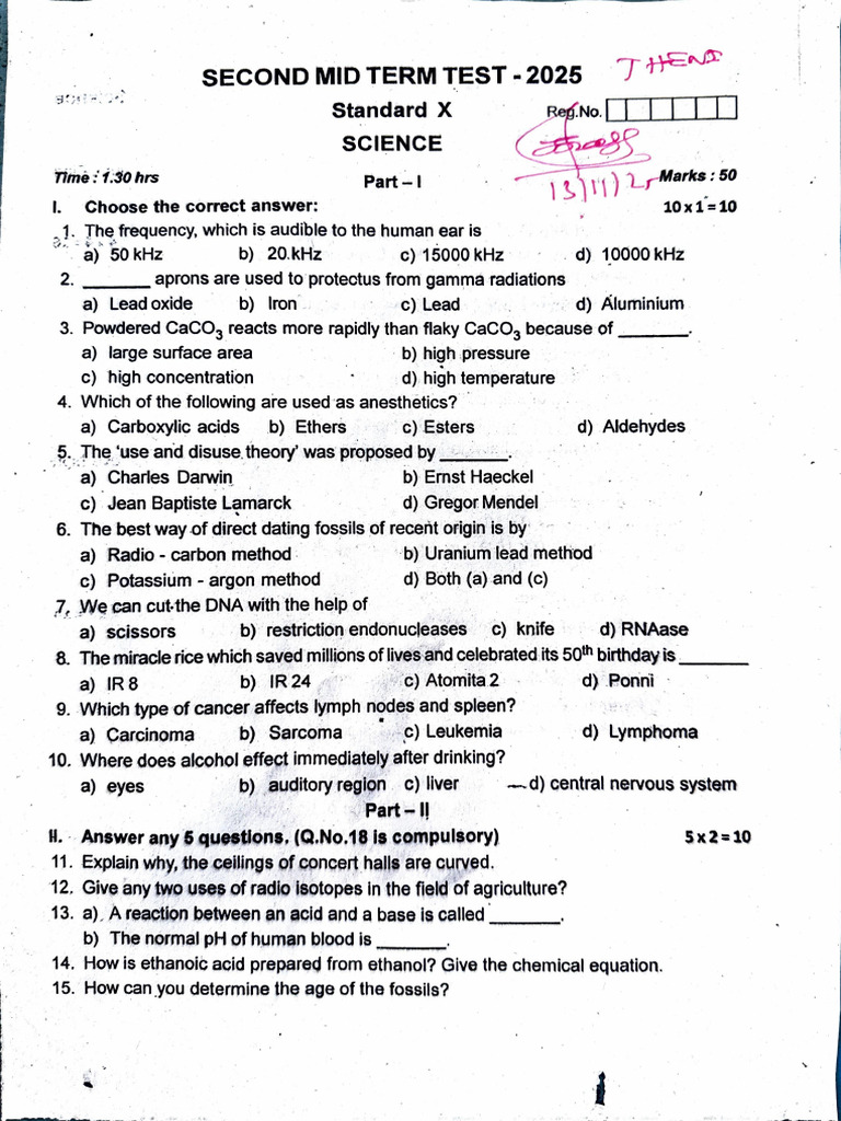 10th Science EM - 2nd Mid Term Exam 2025 - Original Question Paper - Theni District - English ...