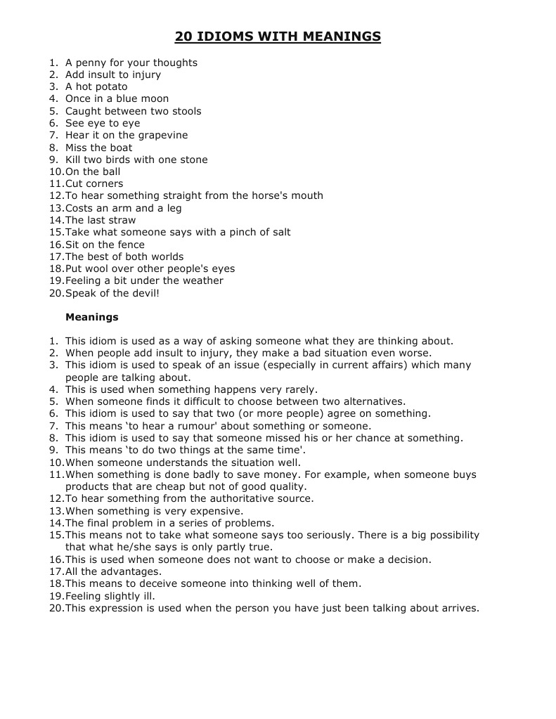 20 Idioms With Meanings PDF