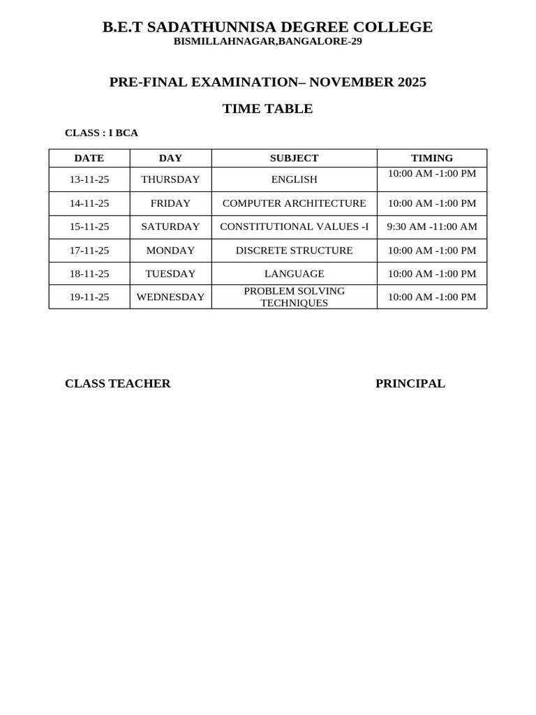 Bca Prefinal Time Table Nov 2025 | PDF | Information Technology | Computing