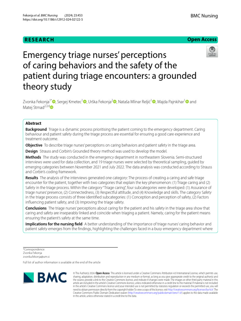 Emergency Triage Nurses' Perceptions of Caring Behaviors and The Safety ...