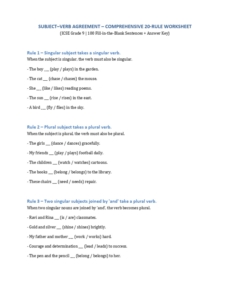Subject-Verb Agreement Worksheet | PDF | Grammatical Number | Plural