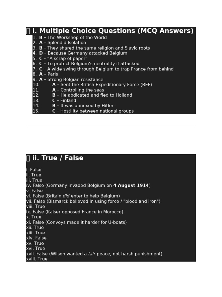 WWI MCQs, True/False, and Short Answers | PDF | World War I | League Of ...