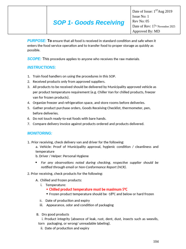 SOP 1 Goods Receiving | PDF | Refrigerator