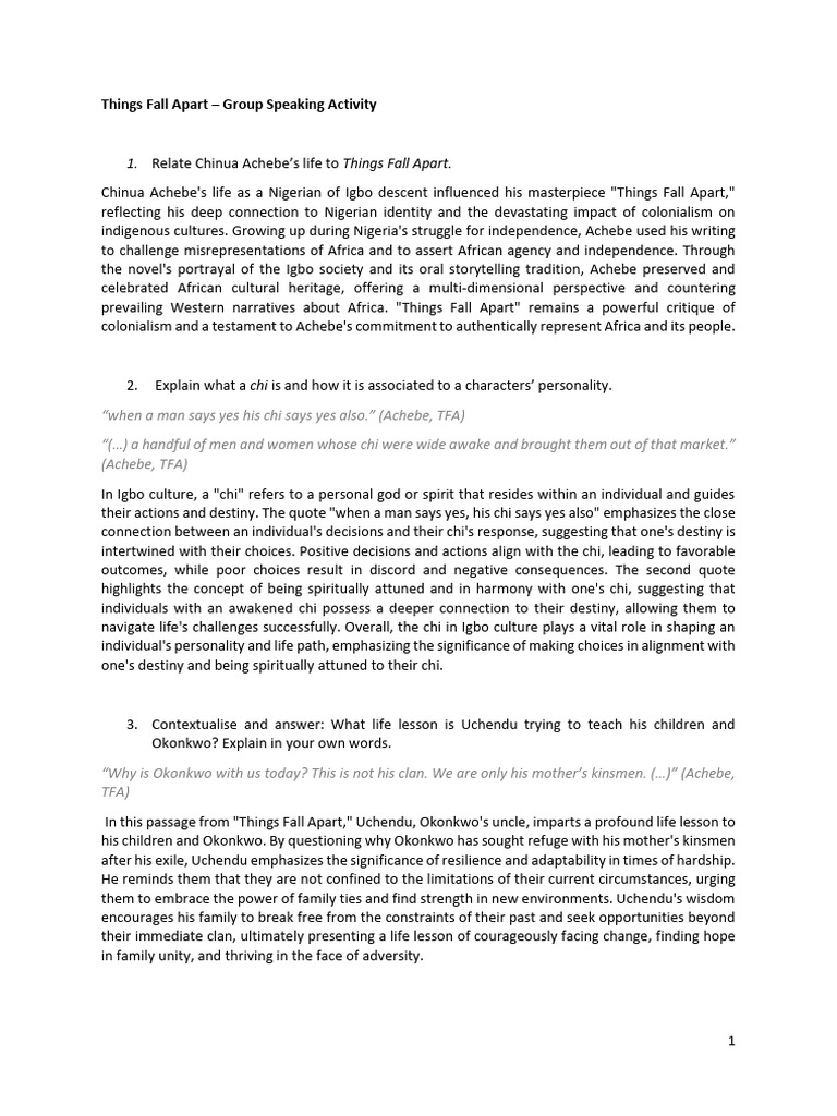 Things Fall Apart - Group Speaking Activity | PDF | Igbo People