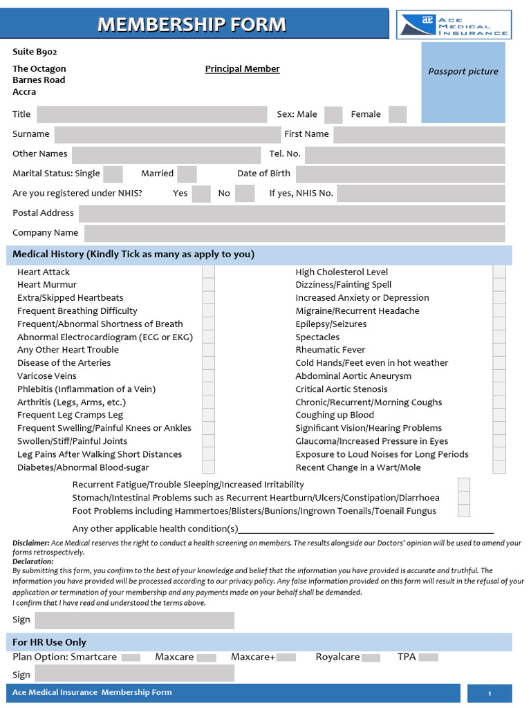 Ace Membership Form - Principal Beneficiary | PDF | Heart | Edema