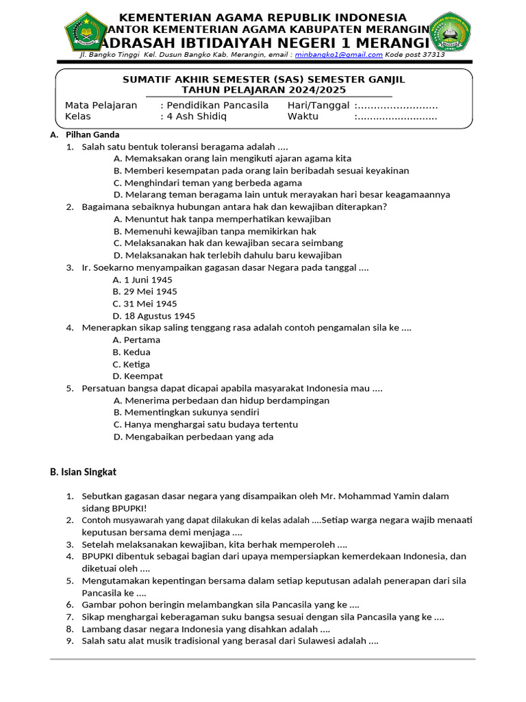 Sas Pkn Kelas 4 Sem 1 Wo | PDF