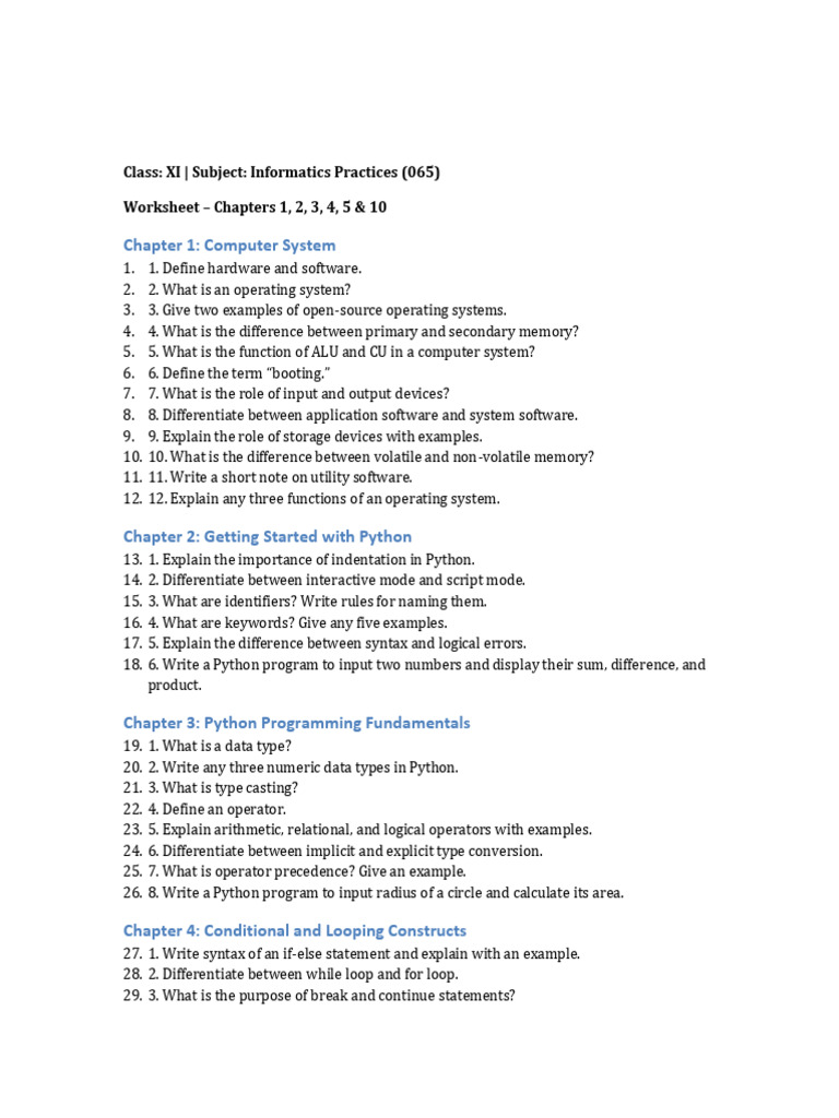 Ip Worksheet Class 11th | PDF | Python (Programming Language ...
