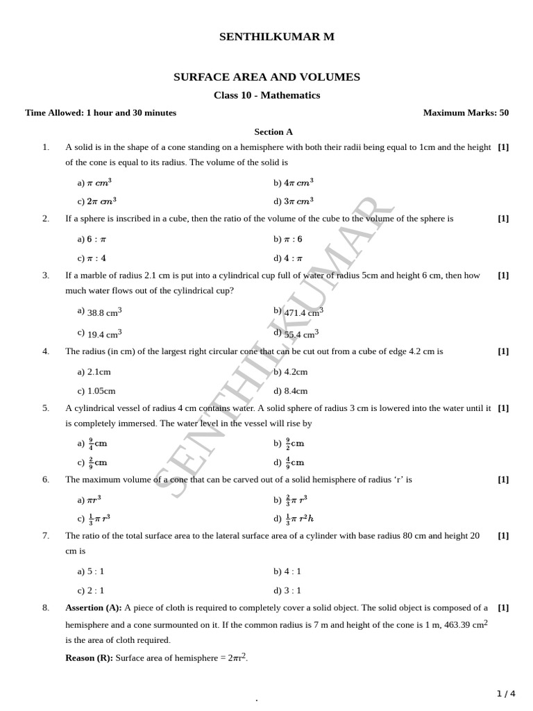 Class 10 Math: Surface Area & Volumes | PDF | Sphere | Geometric Shapes