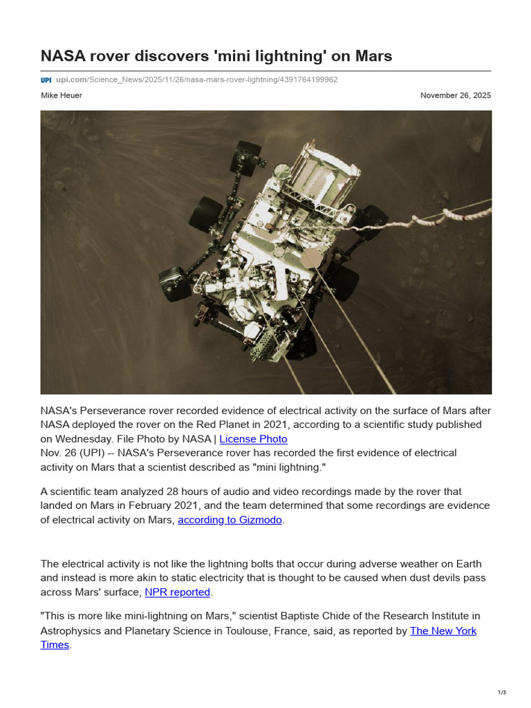 NASA Rover Discovers Mini Lightning On Mars | PDF | Mars | Rover (Space ...
