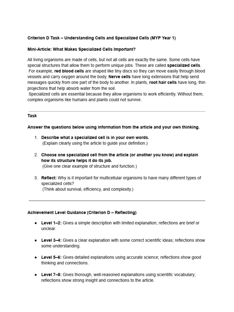 Criterion D Task - Understanding Cells and Specialized Cells (MYP Year 1) | PDF
