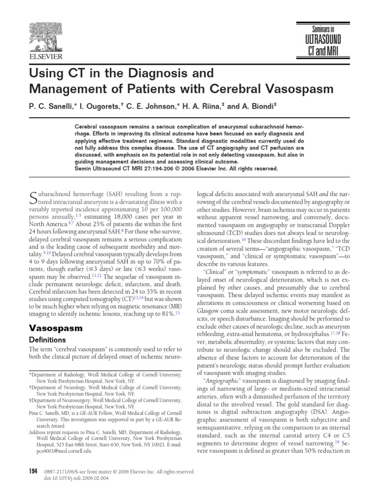CT Imaging for Cerebral Vasospasm Diagnosis | PDF | Angiography | Stroke