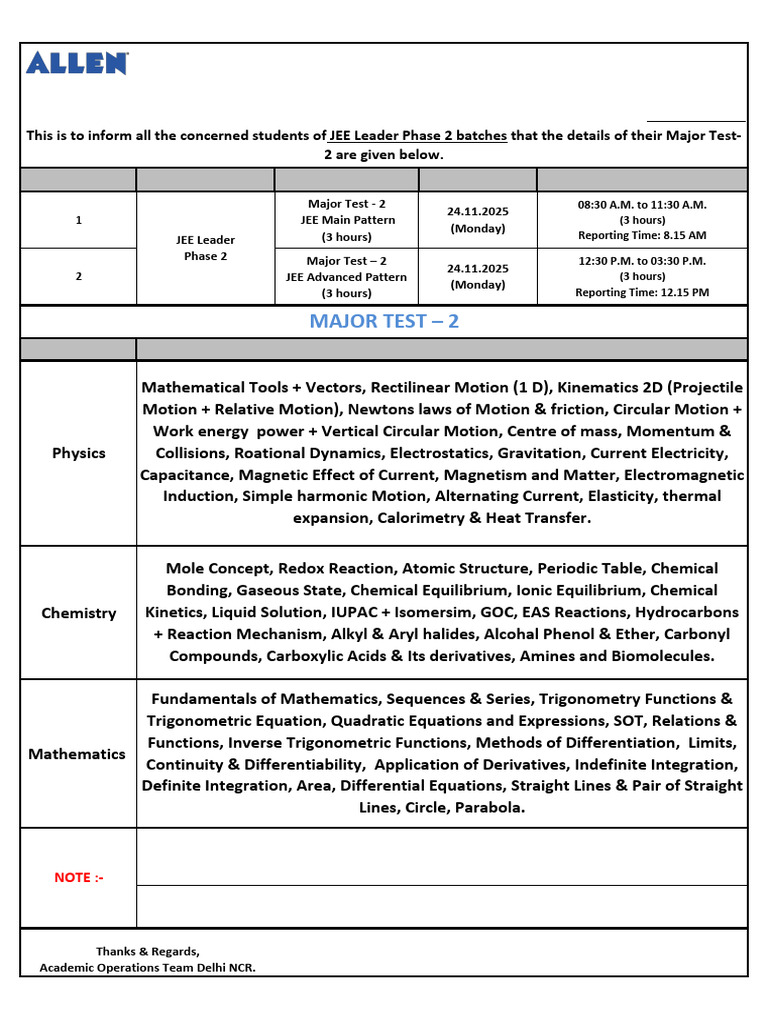 Test Notice of JEE Leader Phase 2 Major Test - 2, 24th Nov 25. | PDF ...