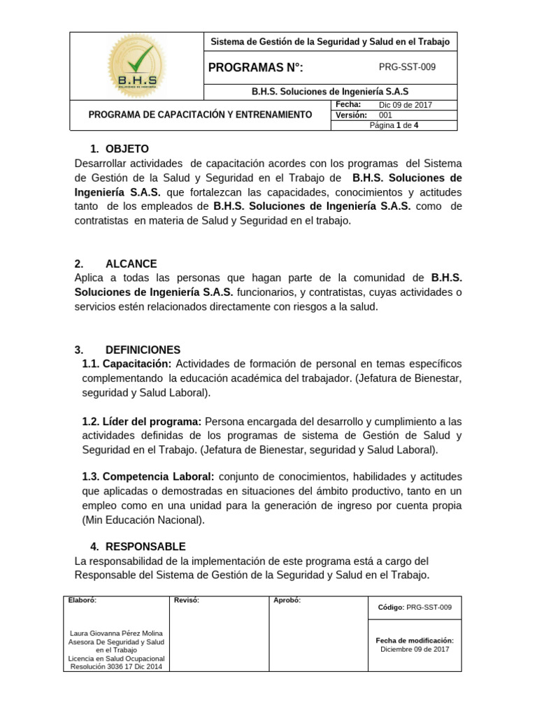 PRG-SST-009 Programa de Capacitación | PDF | Seguridad y salud ocupacional