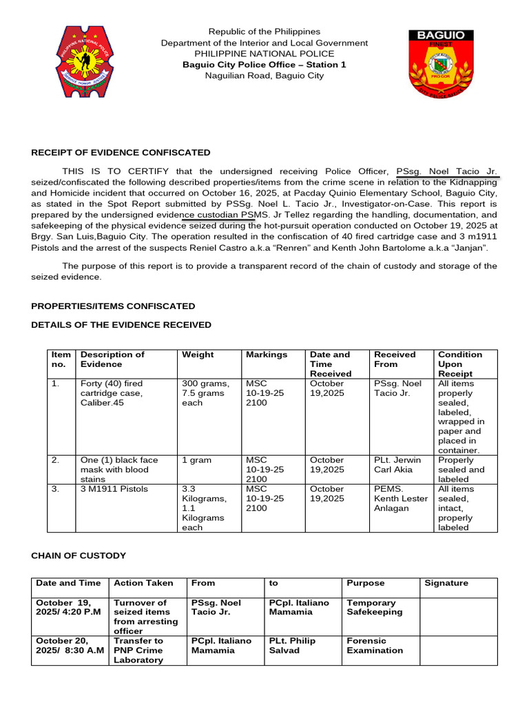 Baguio City Evidence Receipt Report | PDF | Crimes | Crime & Violence