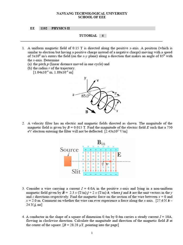 EE1102 - Tutorial 4 Question | PDF | Magnetic Field | Electron