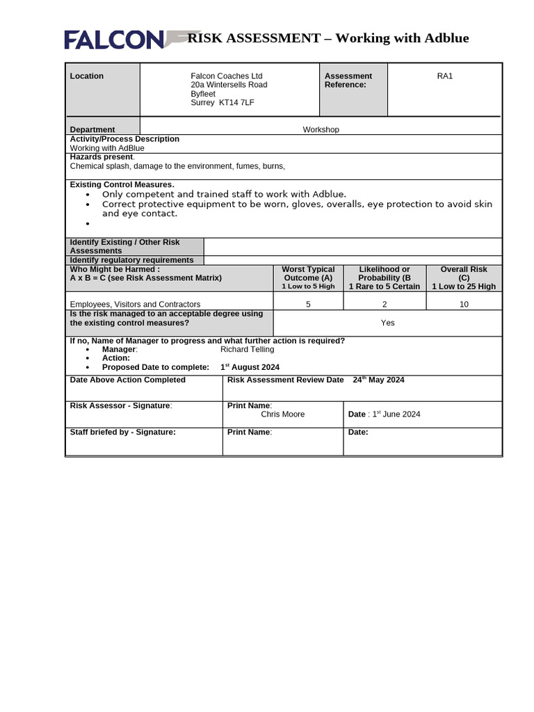 AdBlue Risk Assessment Guidelines | PDF | Risk | Occupational Safety ...