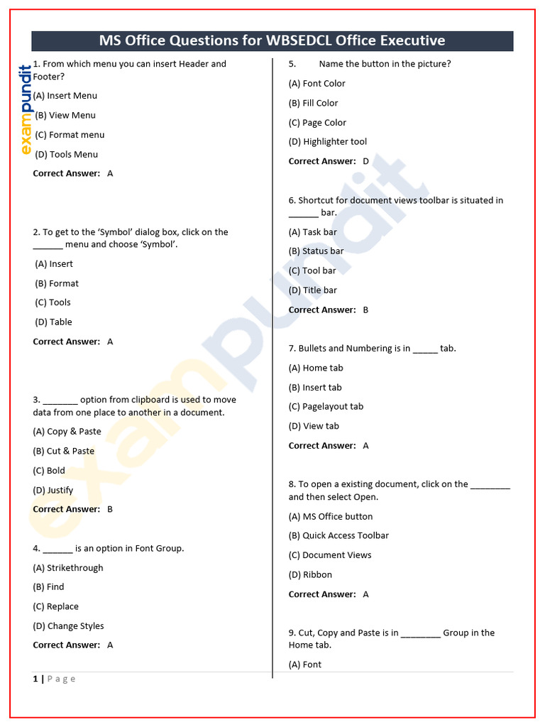 MS Office Exam Questions for WBSEDCL | PDF | Microsoft Excel ...