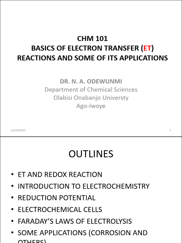 1 Basics of Electron Transfer Reactions N A Odewunmi | PDF | Redox ...