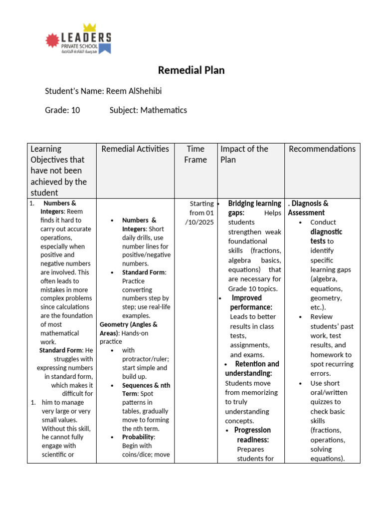 Remedial and Enrichment Plan | PDF | Mathematics | Equations