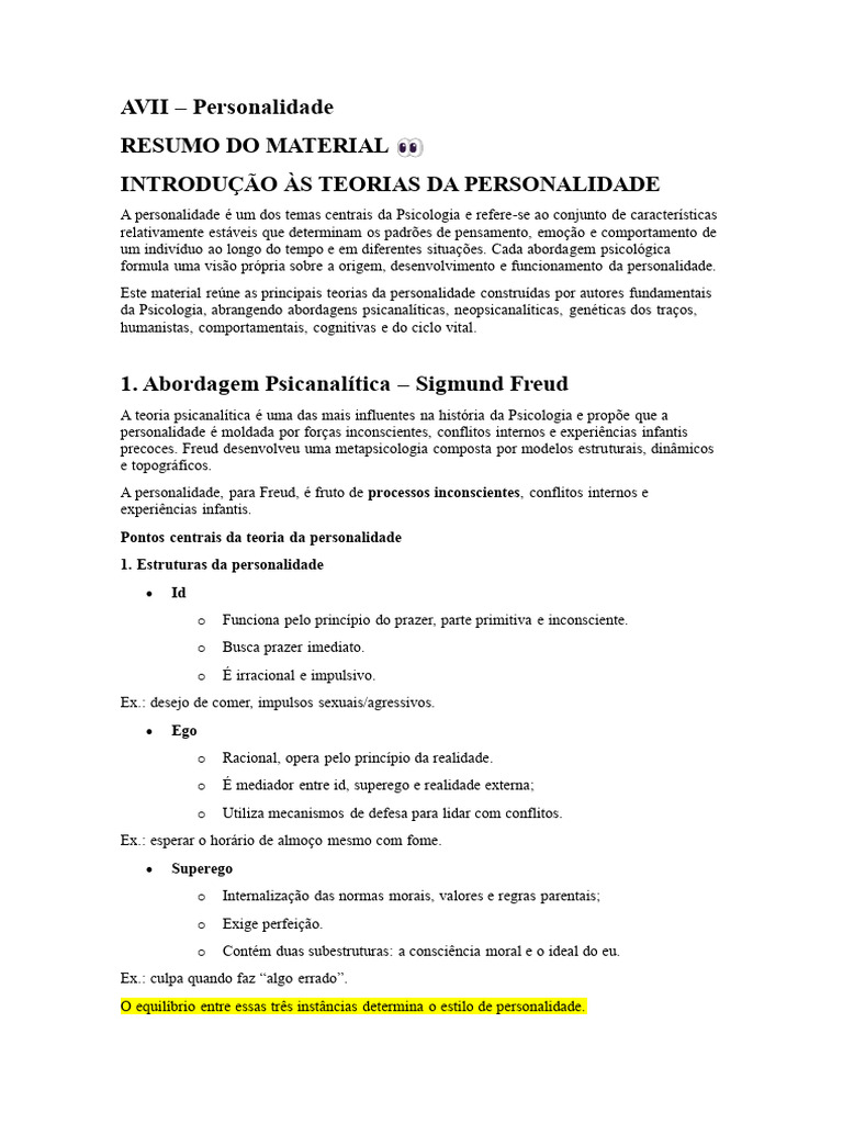 AVII_resumo_INTRODUÇÃO_A_PERSONALIDADE | PDF | Psicanálise | Psicologia