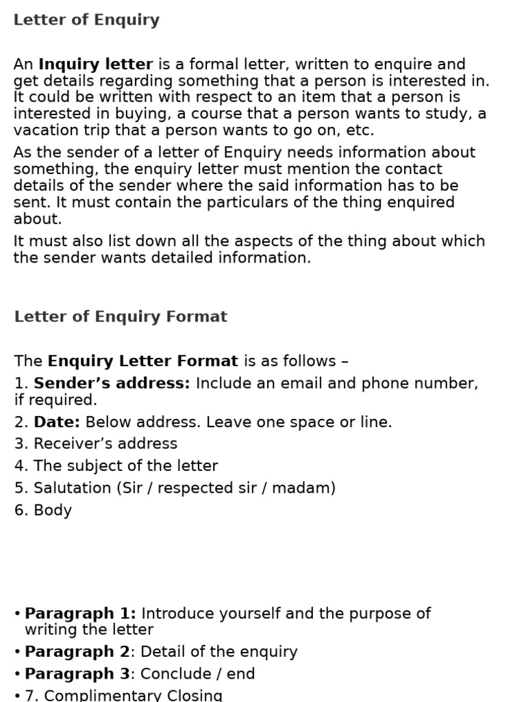 Letter of Enquiry 1 - Class 10p | PDF