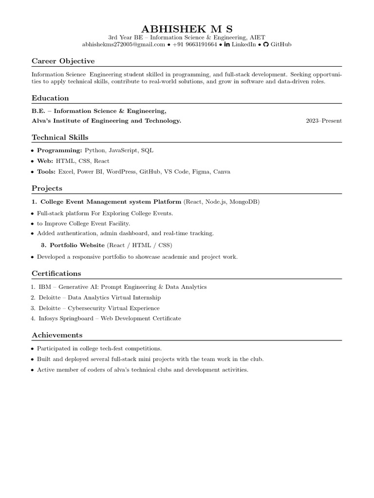 Information Science Engineering Student Profile | PDF