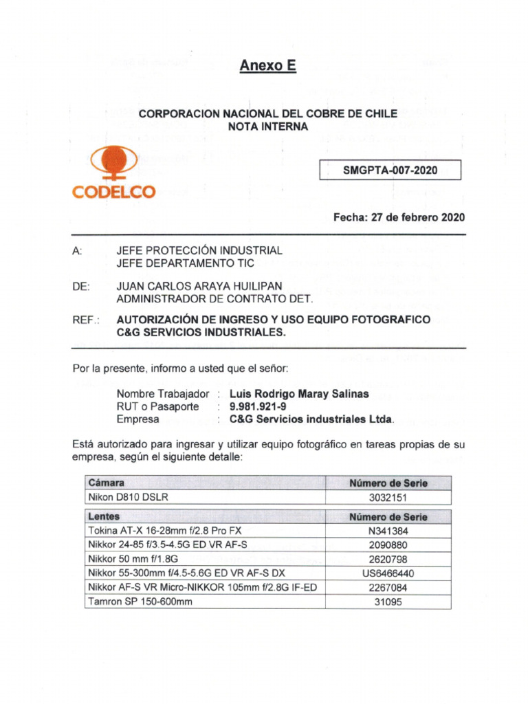 Nota Interna Equipo Fotografico | PDF