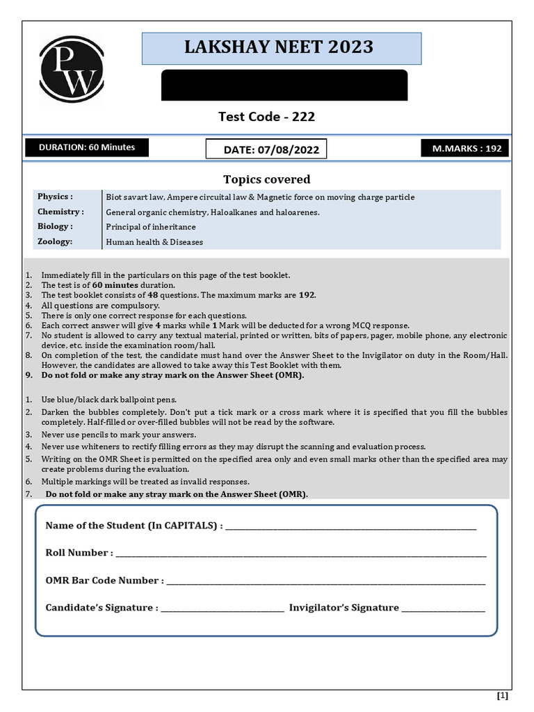 NEET 2023 Practice Test - Physics, Chemistry, Biology | PDF | Magnetic ...