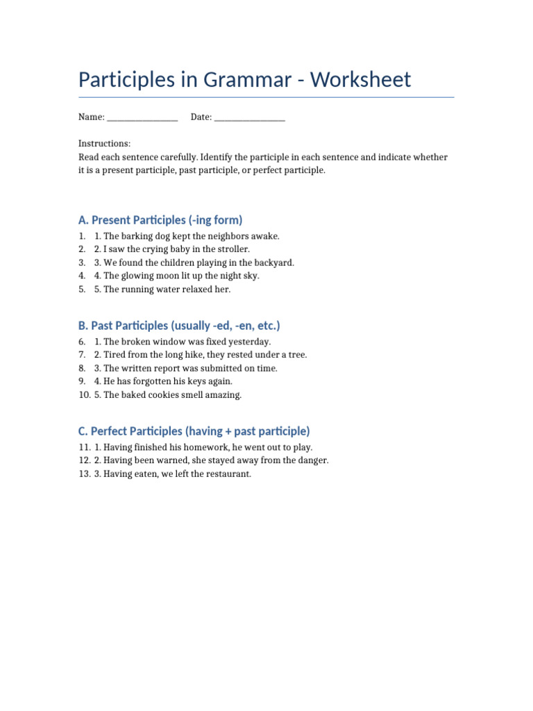 Participles in Grammar Worksheet | PDF